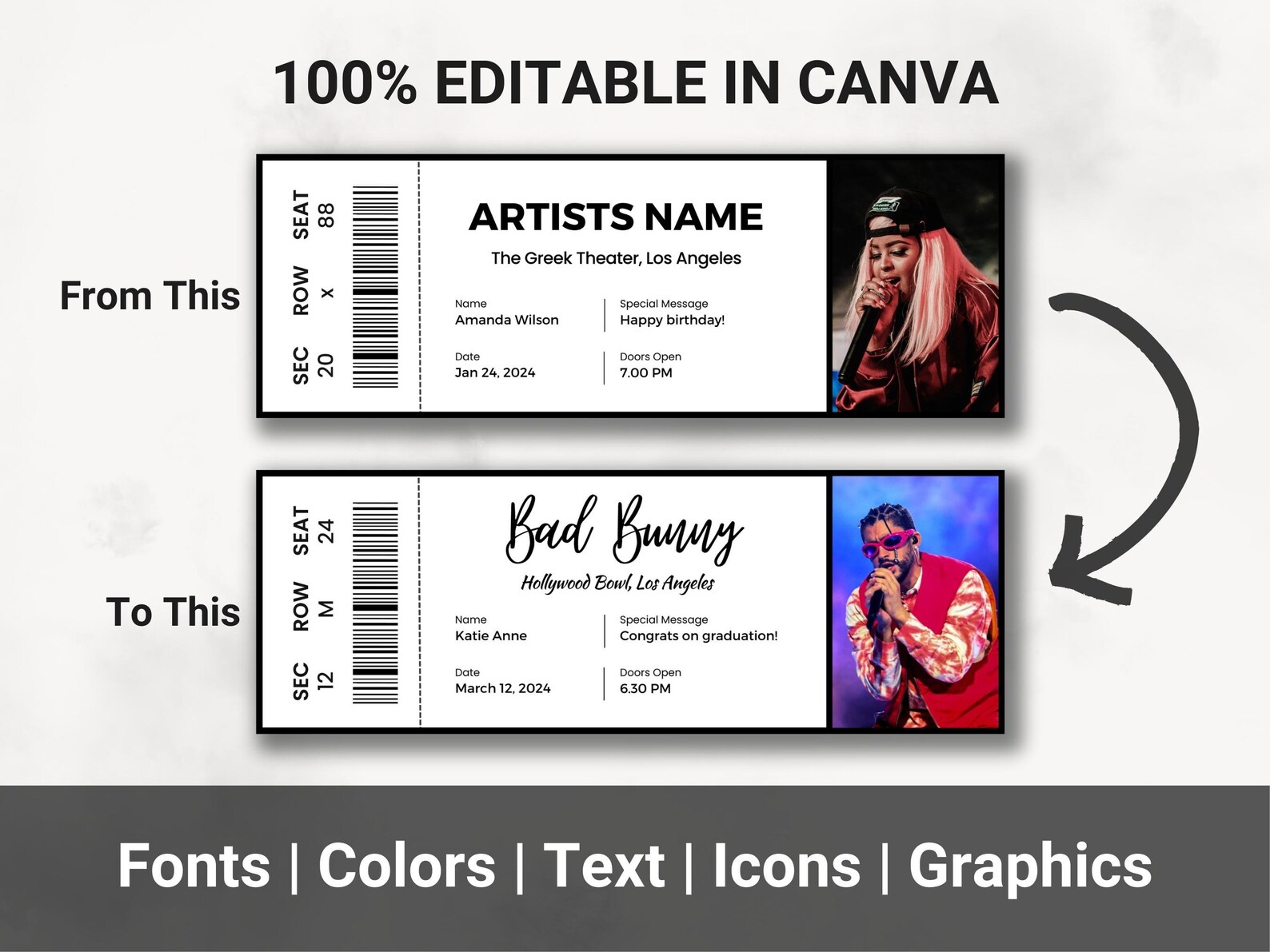Editable Concert Ticket Template DIY Event Ticket Custom - Etsy
