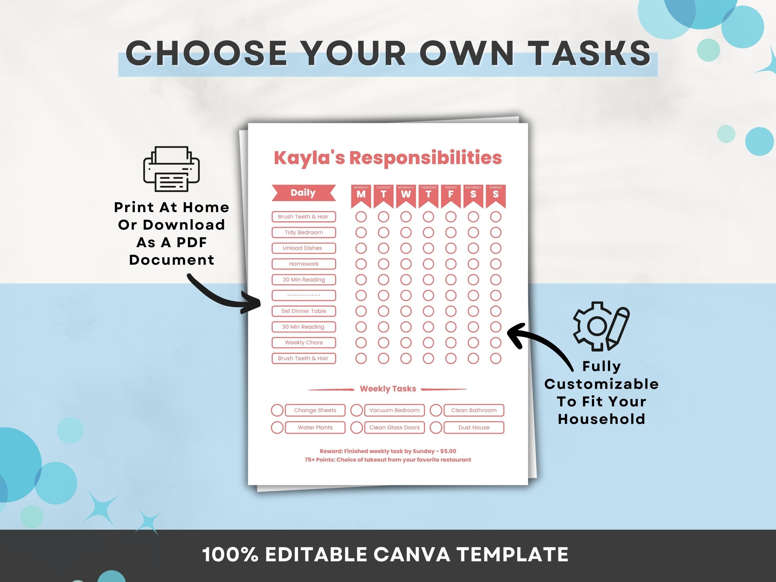 Editable Chore and Responsibilities Chart, Kids Teens Weekly & Daily ...