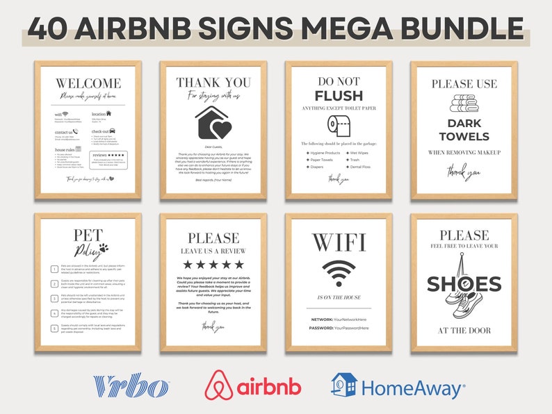 Airbnb Sign Bundle Template, Airbnb Signage, VRBO Vacation Rental, Wifi ...