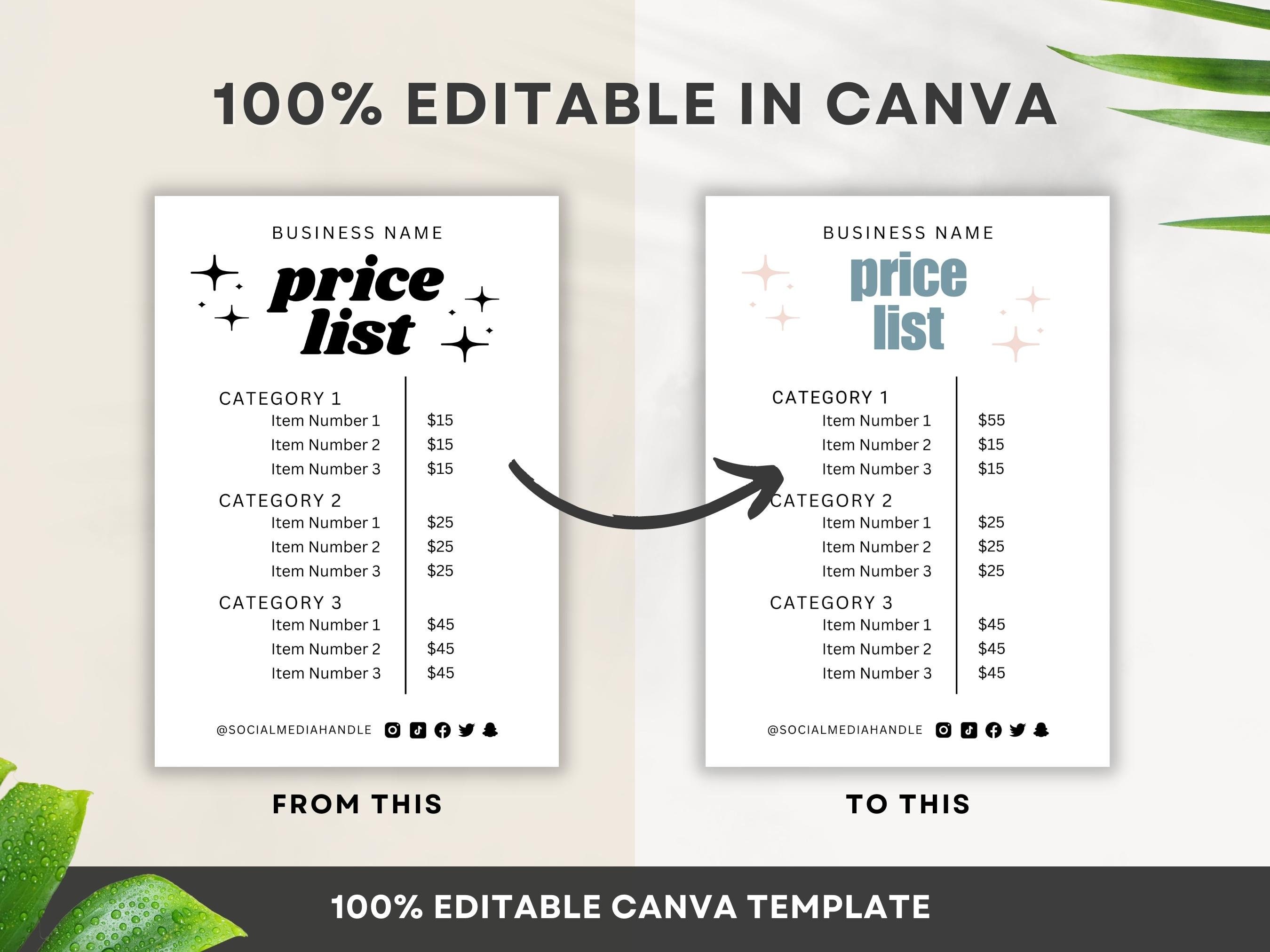 Printable Price List, Small Business Payment Sign List, Editable Price ...