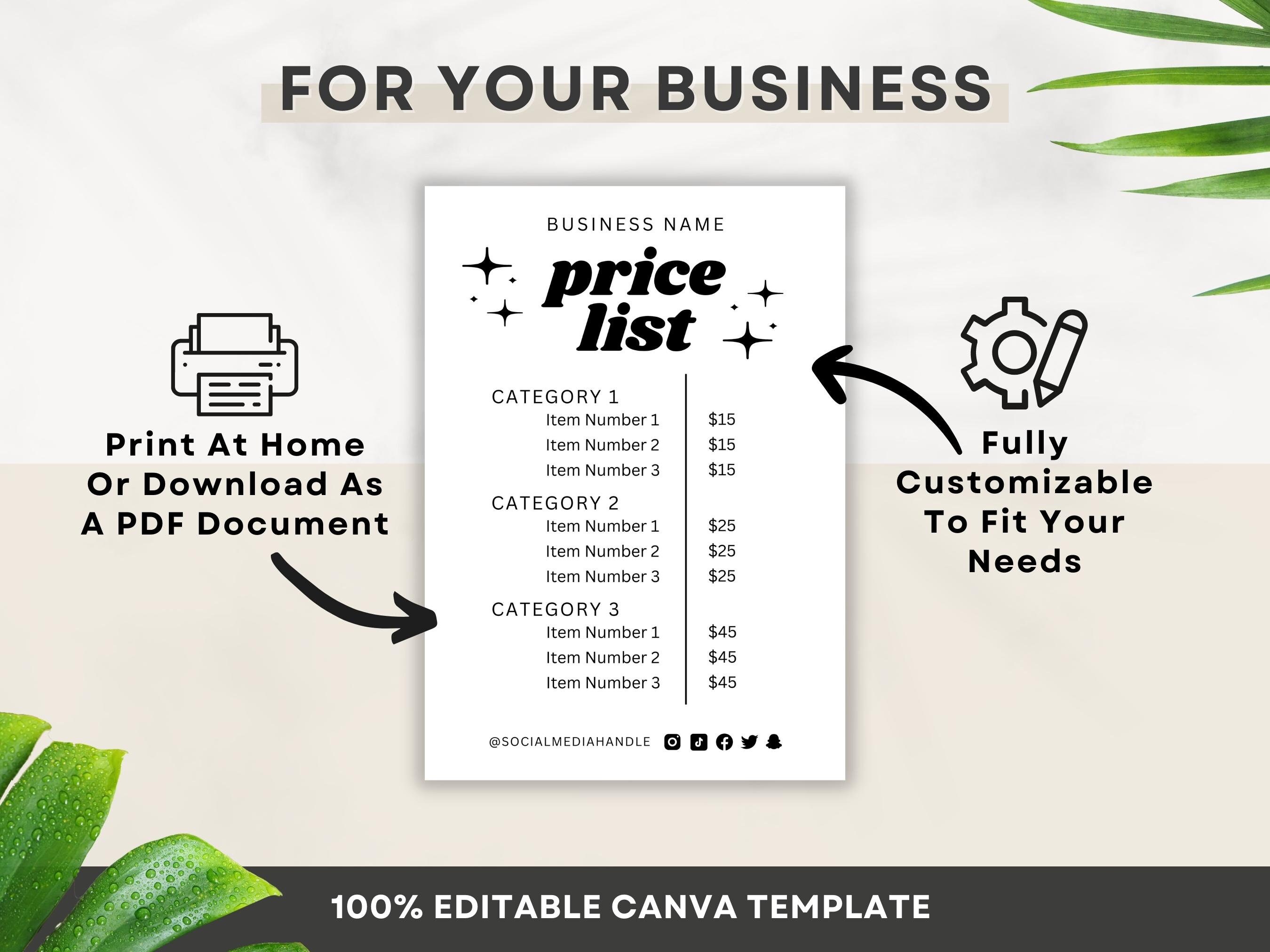 Printable Price List Small Business Payment Sign List - Etsy