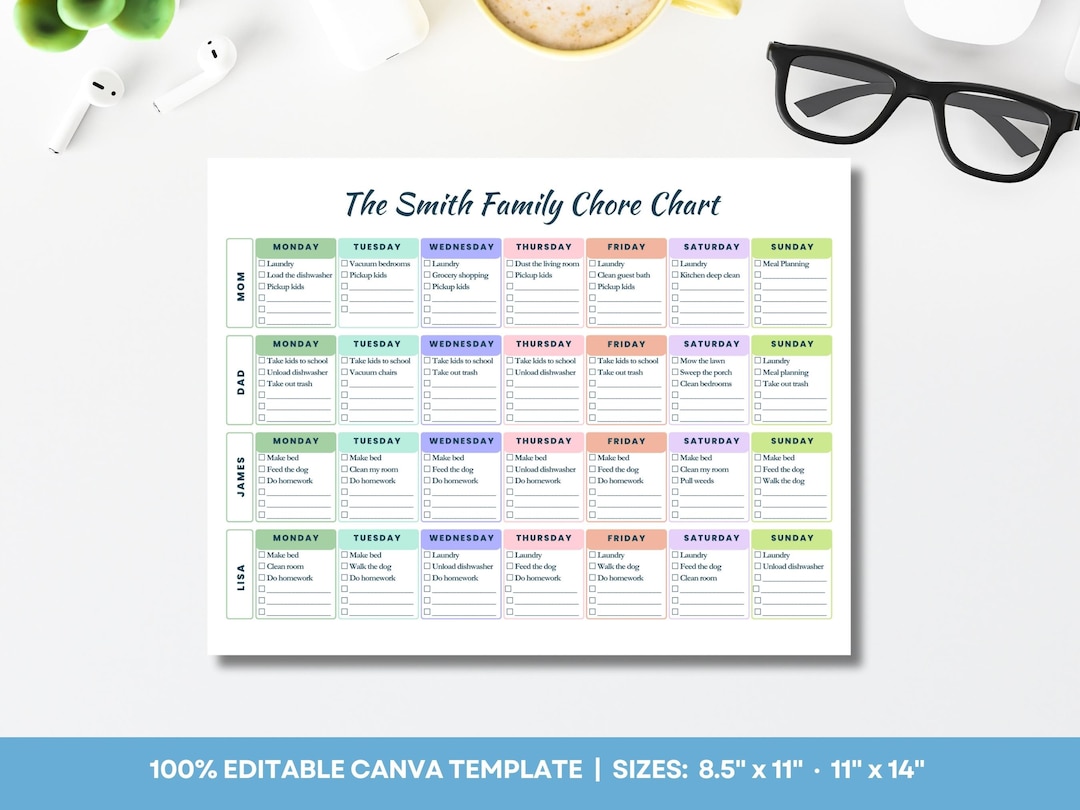 Editable Family Chore Chart, Printable Weekly Chore List, Adults Chore ...