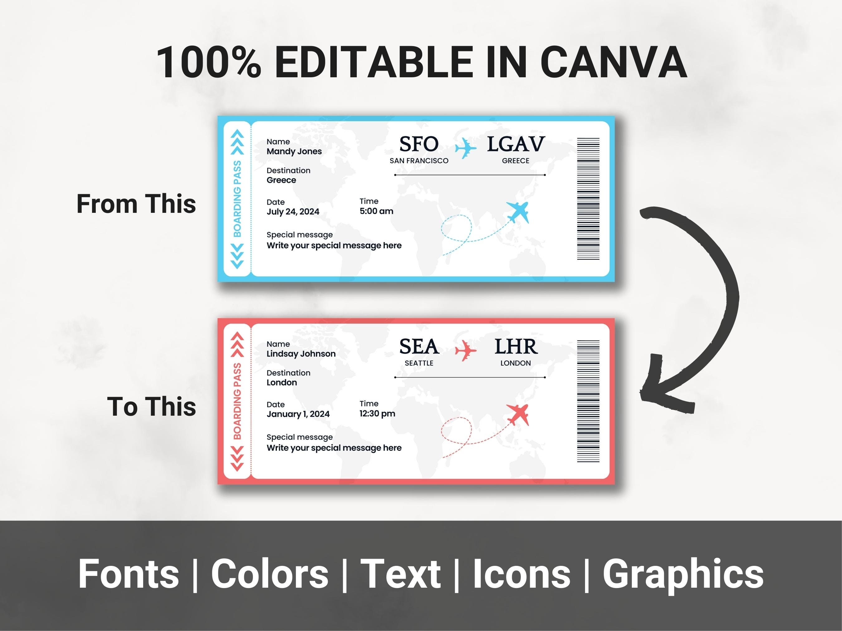Editable Boarding Pass Template, Printable Airline Ticket, Plane ...