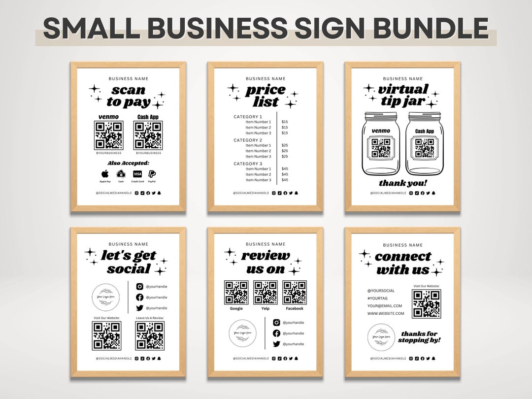 Small Business Sign Bundle, Social Media Sign, Price List Sheet, QR ...