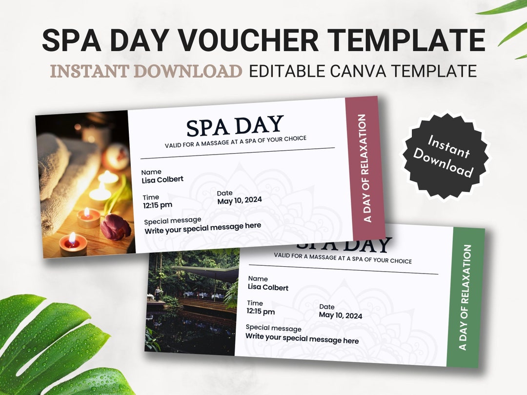 Editable Spa Day Voucher Personalized Massage Coupon Printable Gift ...