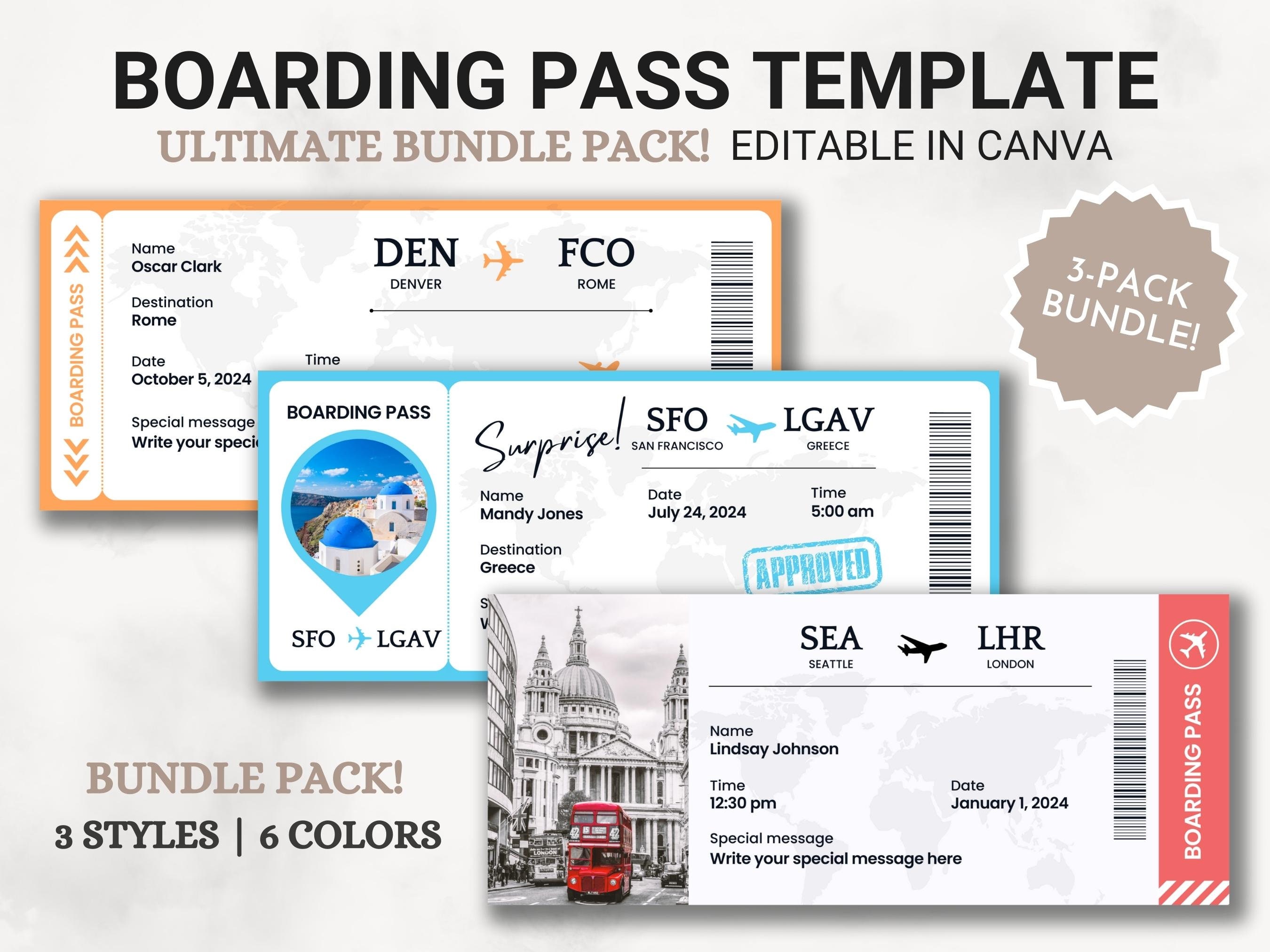 Editable Boarding Pass Template Bundle, Printable Airline Ticket, Plane ...