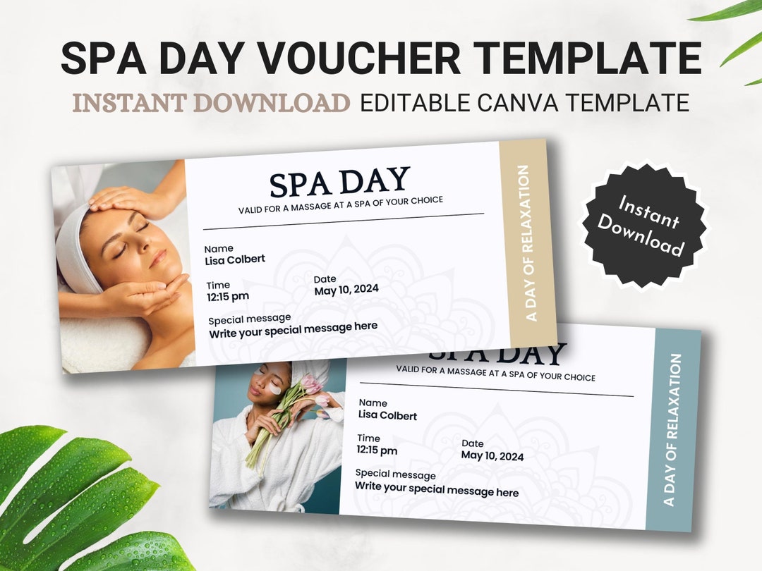 Editable Spa Day Voucher Personalized Massage Coupon Printable Gift ...