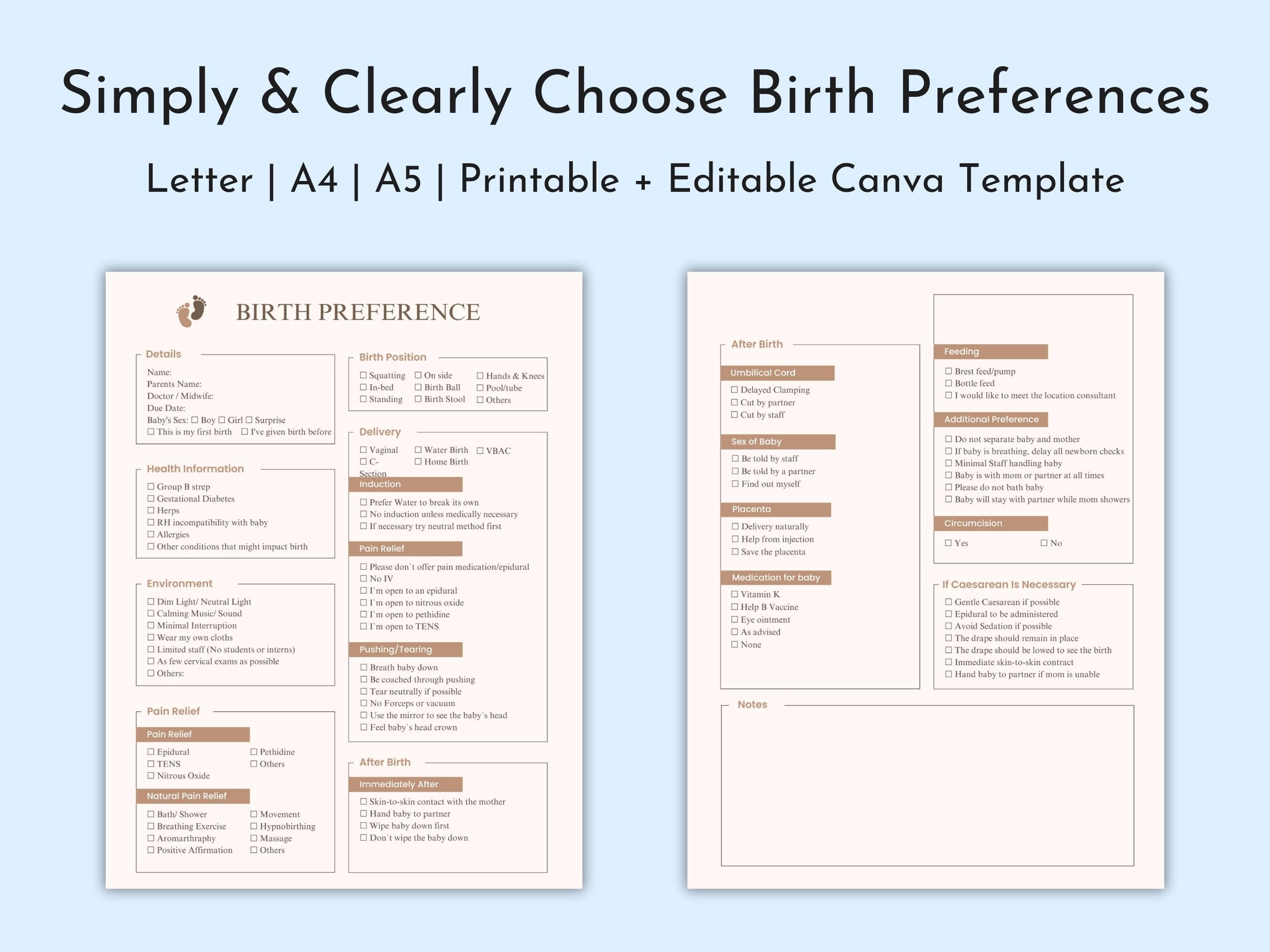 Editable Birth Plan Template, Pregnancy Baby Planner Printable Form ...