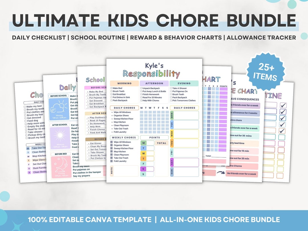 Editable Kids Chore Chart Bundle, Reward Allowance Behavior Consequence ...