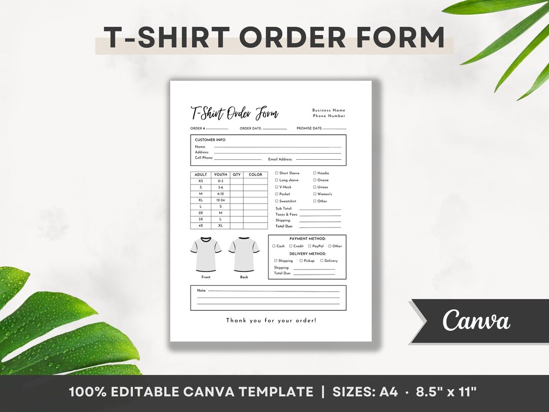 Editable T-shirt Order Form, Printable Shirt Order Form, Editable Small ...