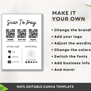 Editable Scan to Pay Card, QR Code Sign Template, Cashapp Paypal Sign ...
