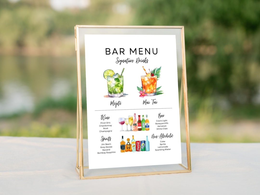 Bar Menu Sign Wedding Template Editable Bar Menu Wedding Drink Menu ...