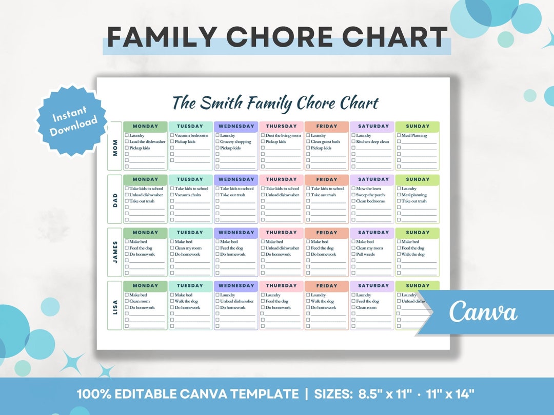 Editable Family Chore Chart, Printable Weekly Chore List, Adults Chore ...