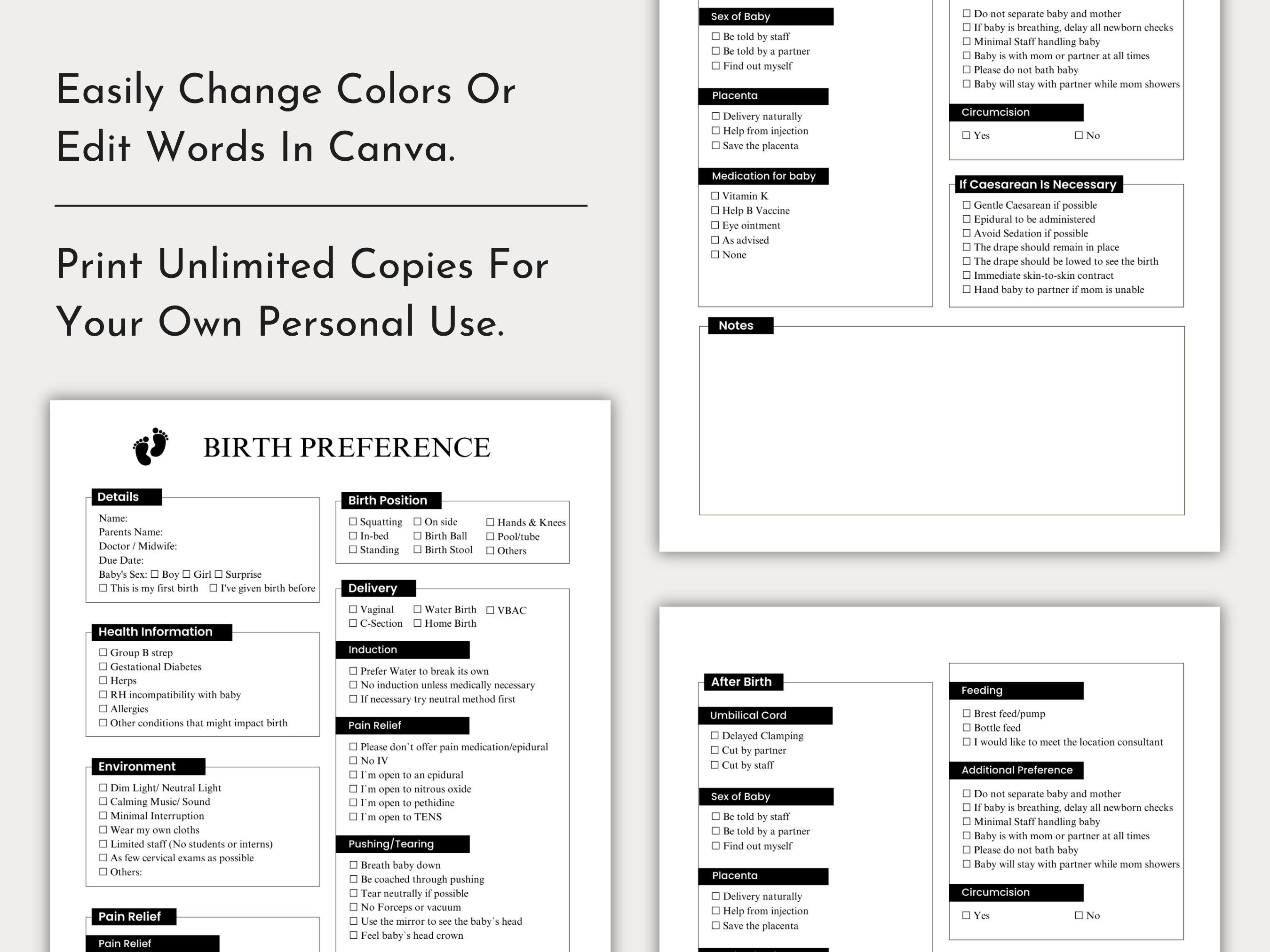 Birth Plan Editable Template, Pregnancy Baby Planner Printable Form ...