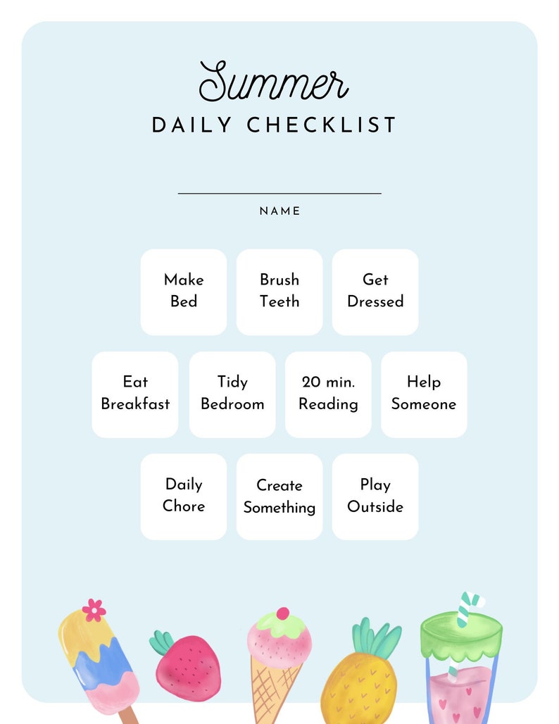 DAILY Summer Chore Chart - Etsy