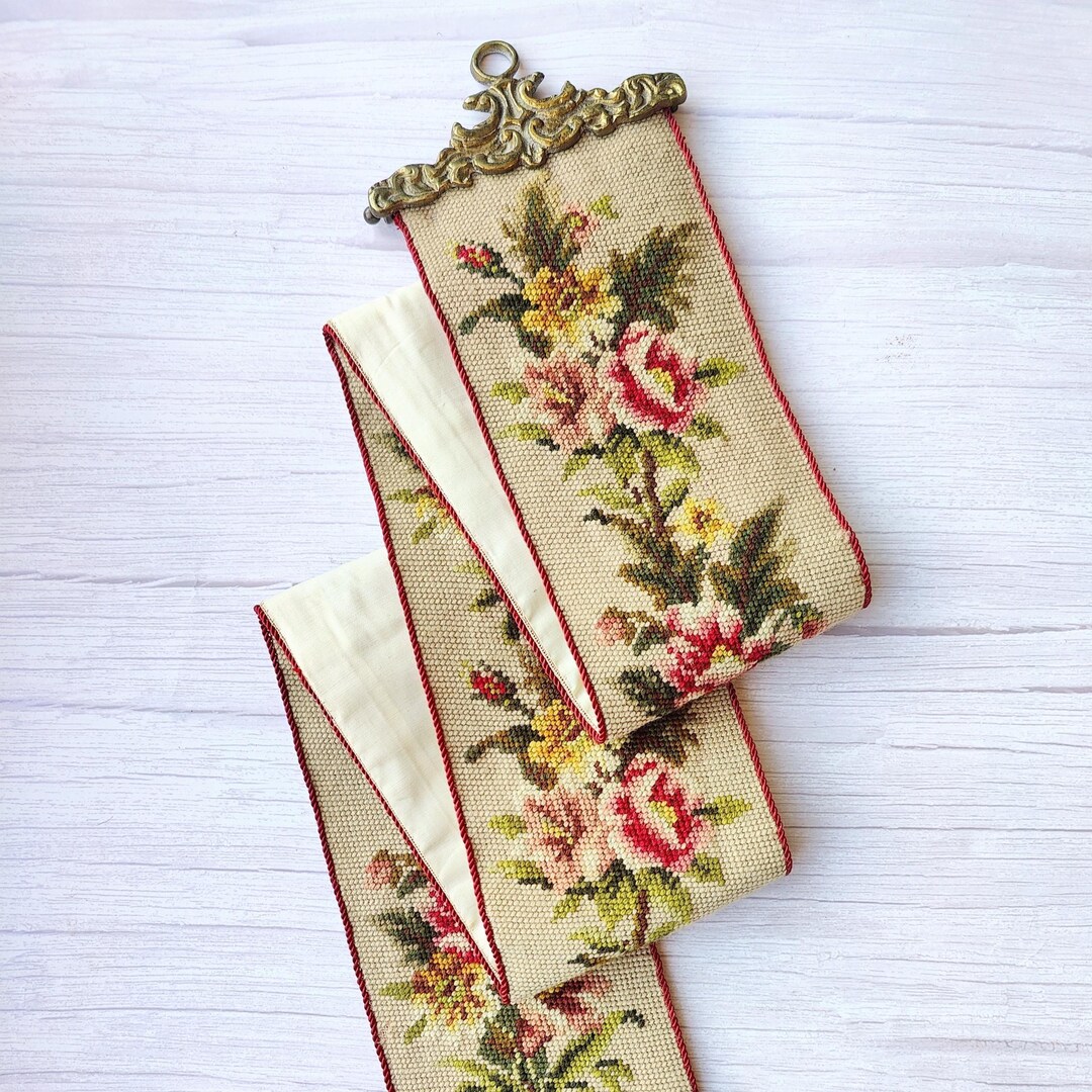 Antique Beautiful Floral Tapestry Needlepoint Embroidery Bell Pull Wall ...