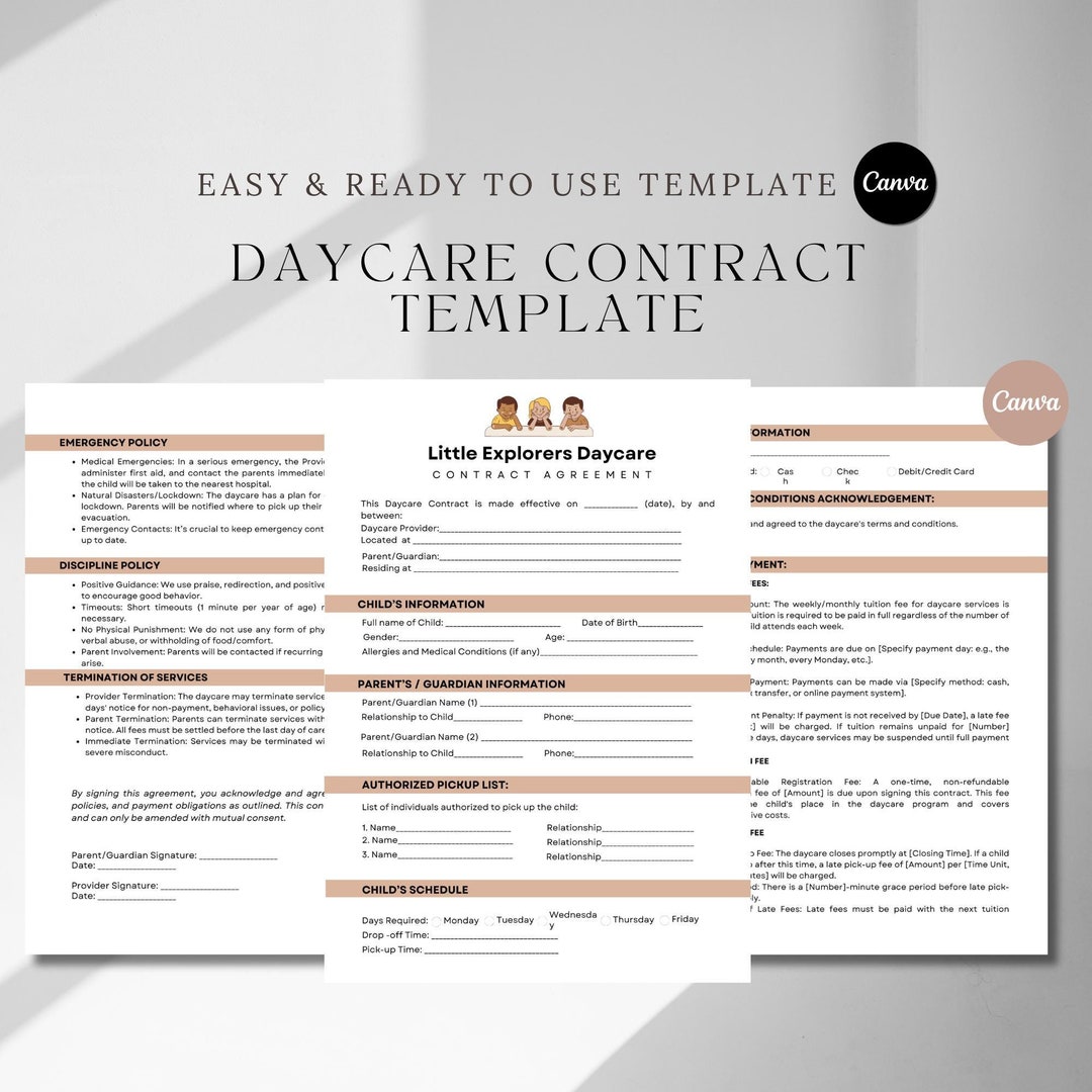 Editable Daycare Contract Template, Childcare Forms (canva) Daycare ...