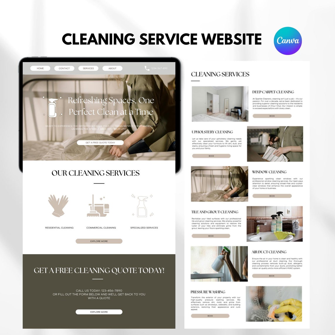 Cleaning Website Template Editable Canva Website Design for Commercial ...