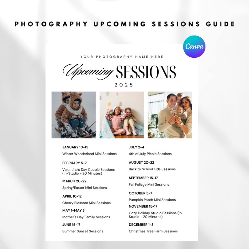 Photographer Price Guide Canva Template Upcoming Sessions Photography ...