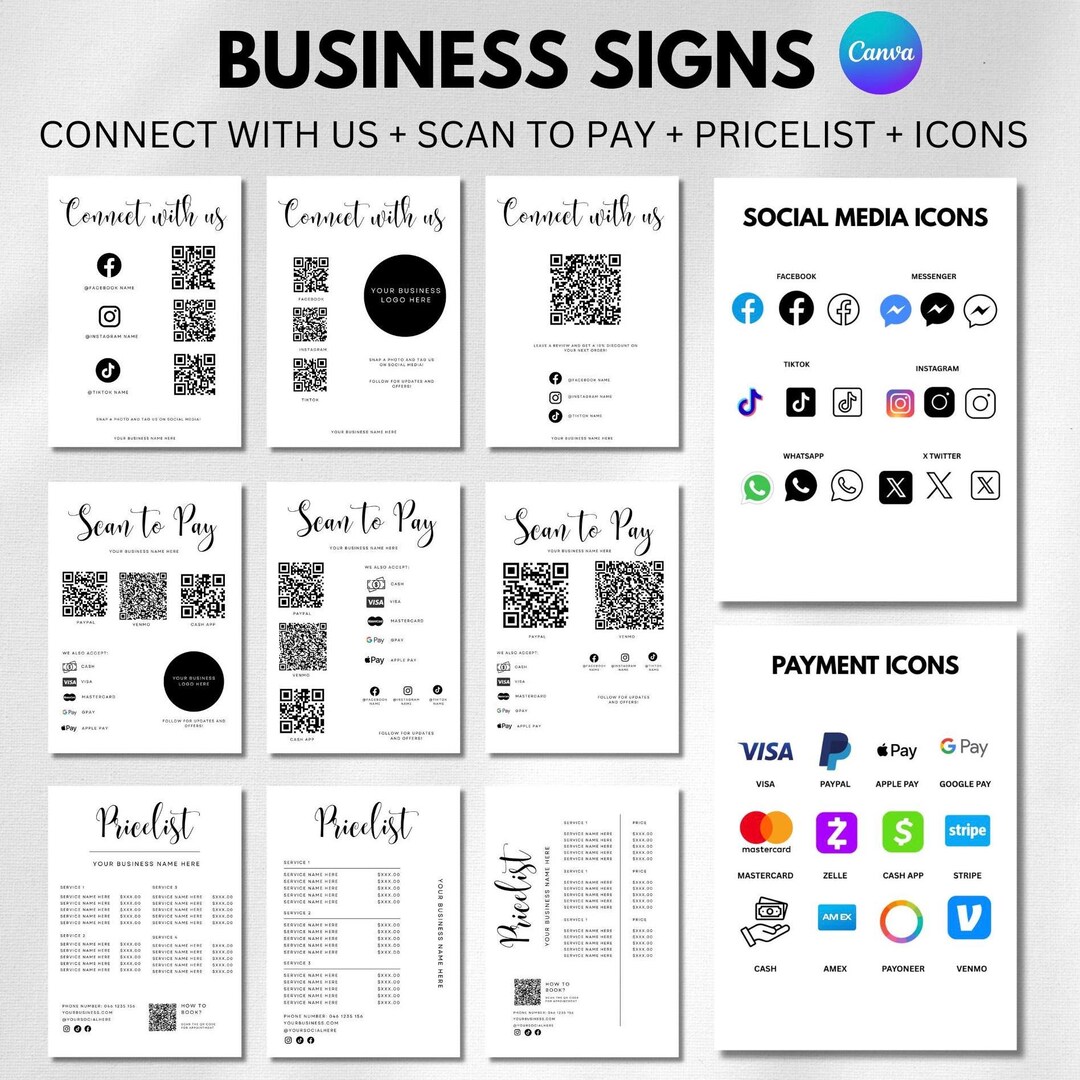 Payment Sign Template Bundle, Printable Scan to Pay, Qr Code Social ...