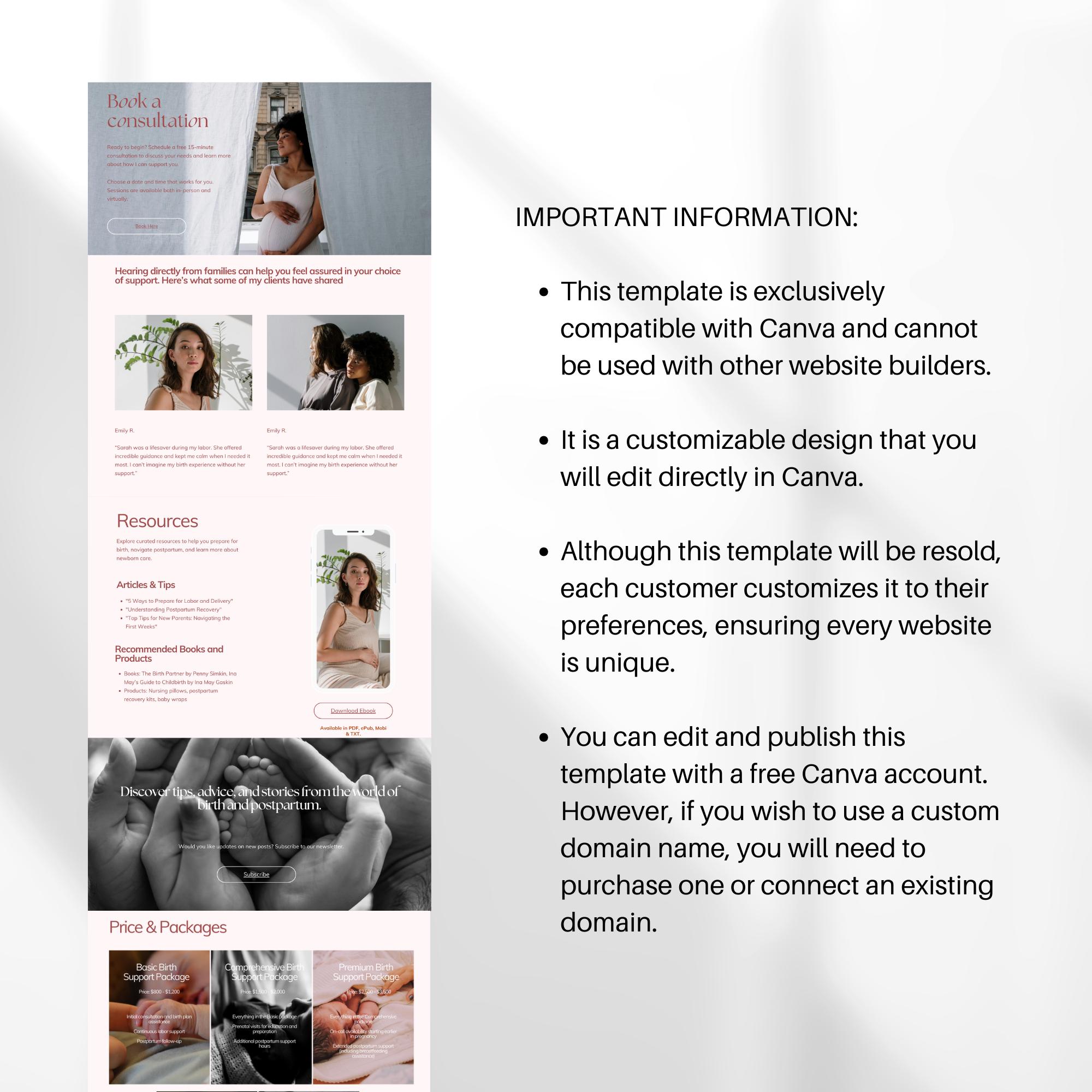 Doula Website Template, Editable Canva Website, Birth Worker Landing ...
