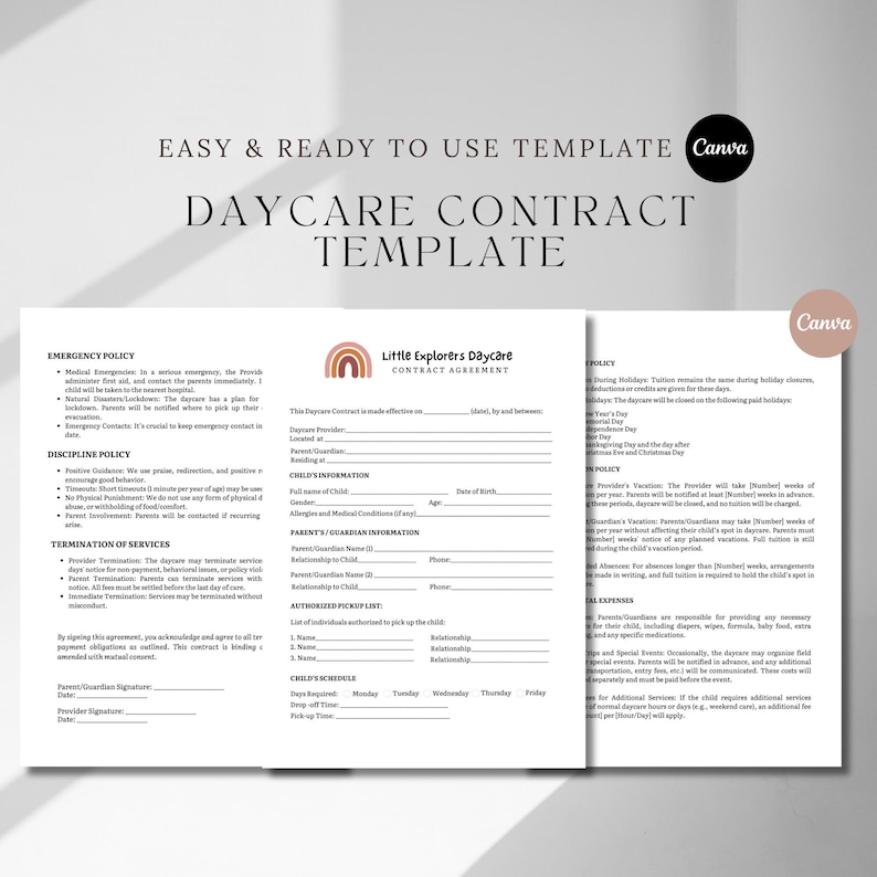 Daycare Contract Editable Daycare Forms, Childcare Forms, Daycare ...