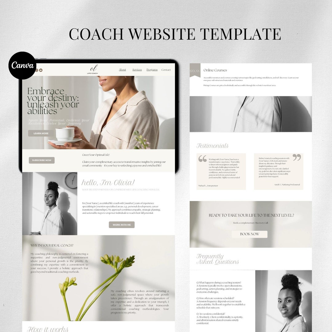 Life Coach Website Template Canva Coaching Website Boho Landing Page ...