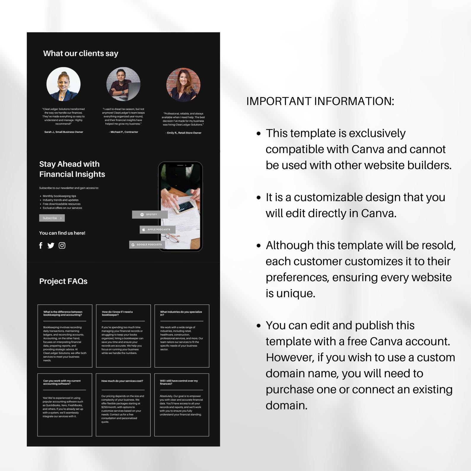 Bookkeeping Website Template Canva Website Template Accounting Landing ...