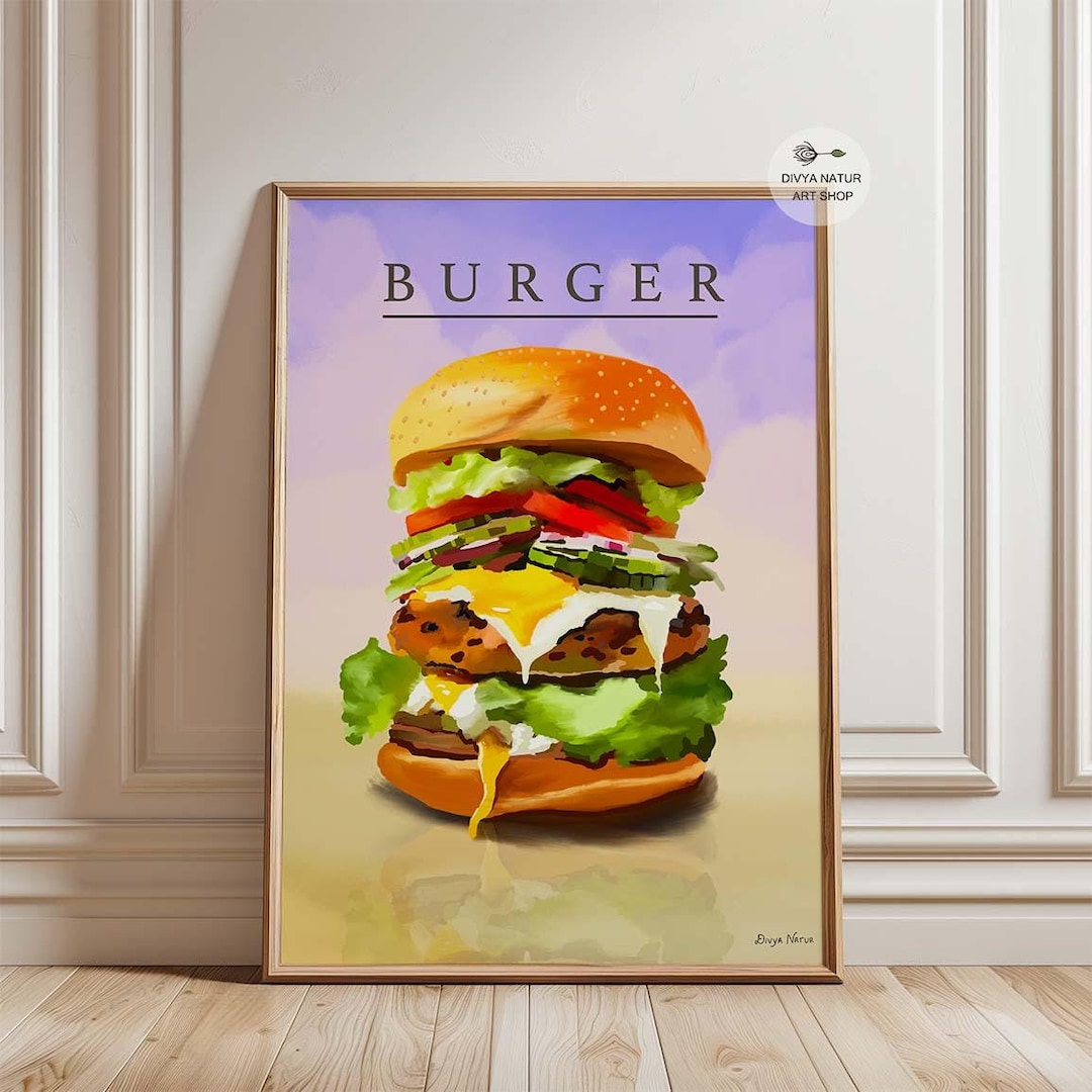 Juicy Burger Painting - Burger Digital Download, Burger Kitchen Wall ...