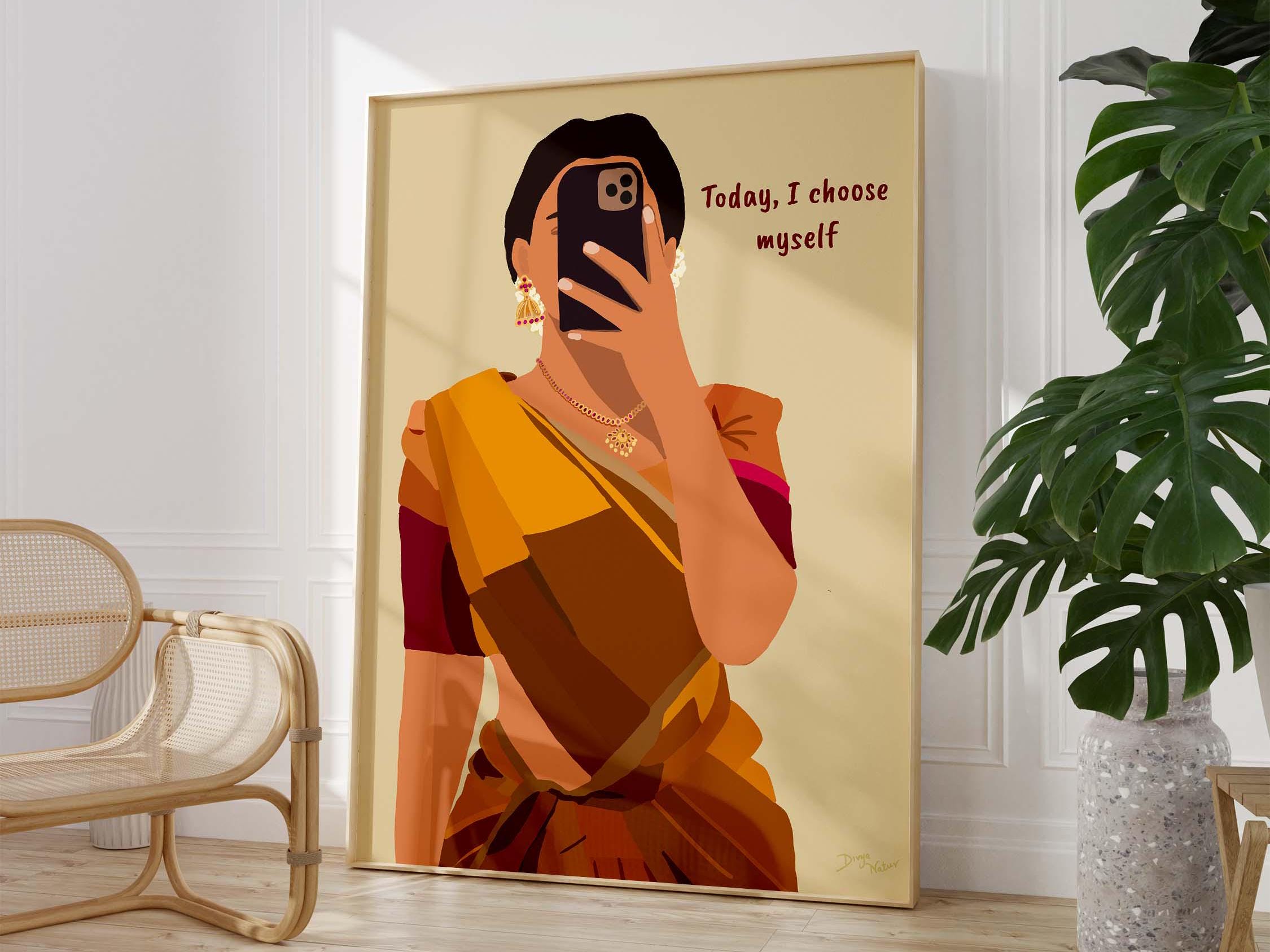 Saree Selfie Art Print: Modern Indian Woman, Boho Decor (digital ...