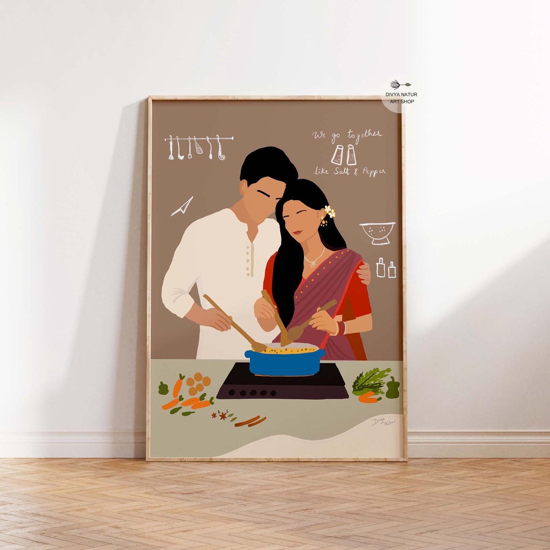 Indian Couple Cooking Art Print: Romantic Kitchen Illustration (digital ...