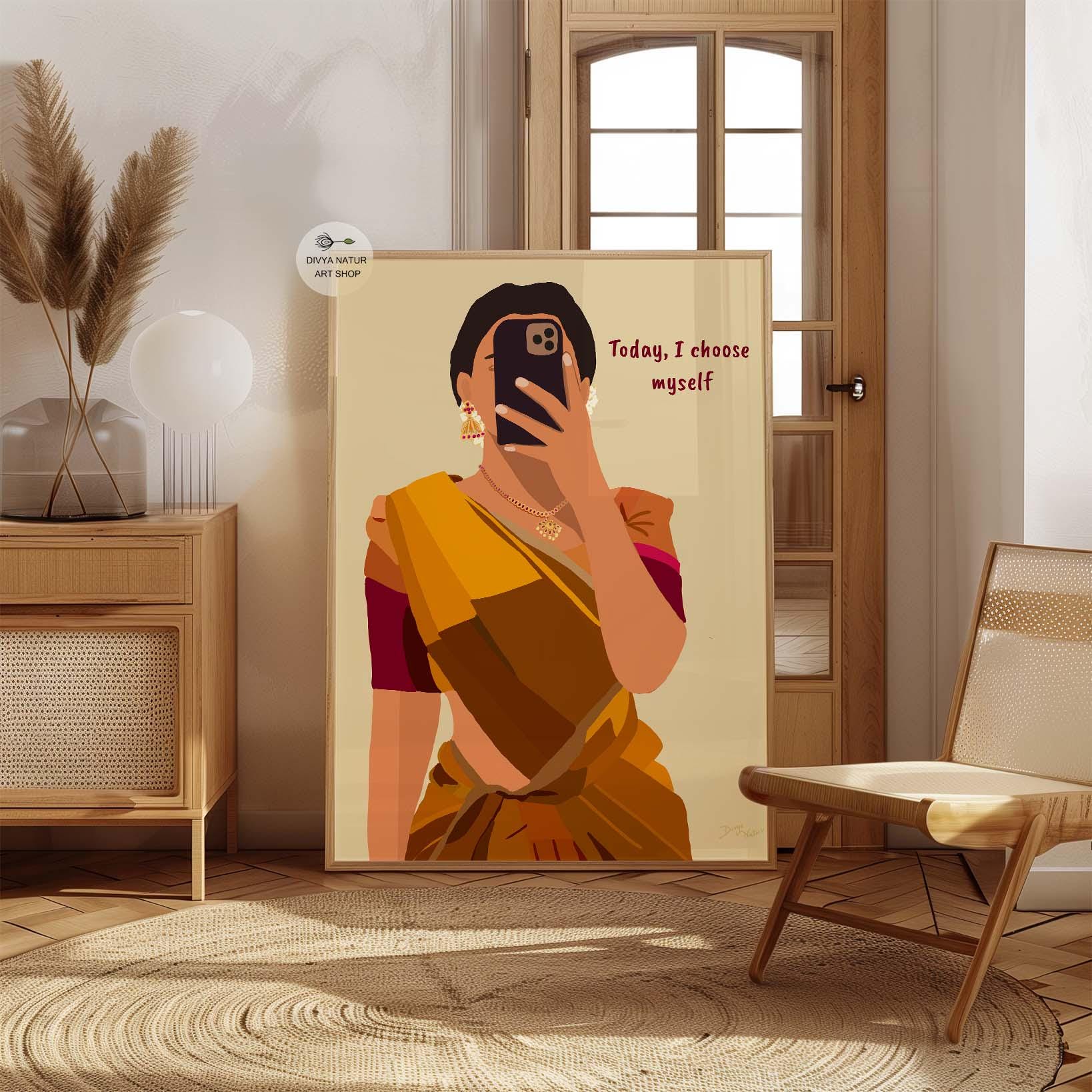 Saree Selfie Art Print: Modern Indian Woman, Boho Decor (digital ...