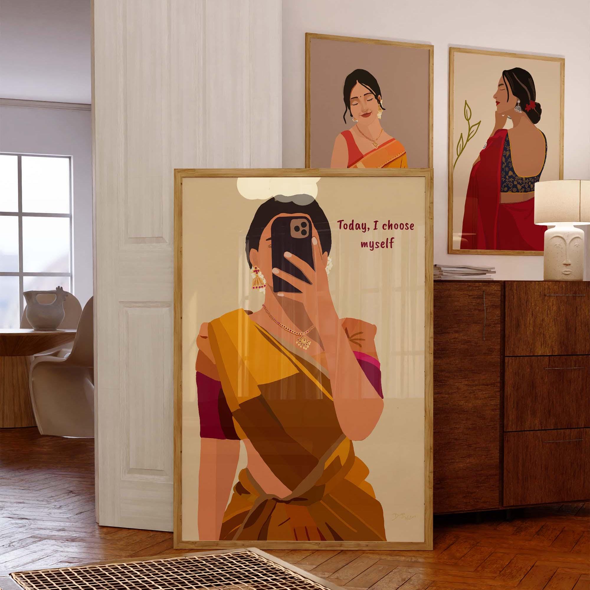 Saree Selfie Art Print: Modern Indian Woman, Boho Decor (digital ...