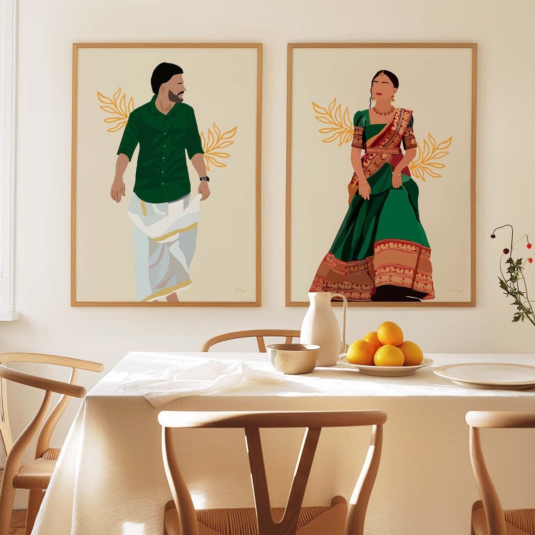 Set of 2 South Indian Couple Art, Instant Download, Traditional Dhoti ...