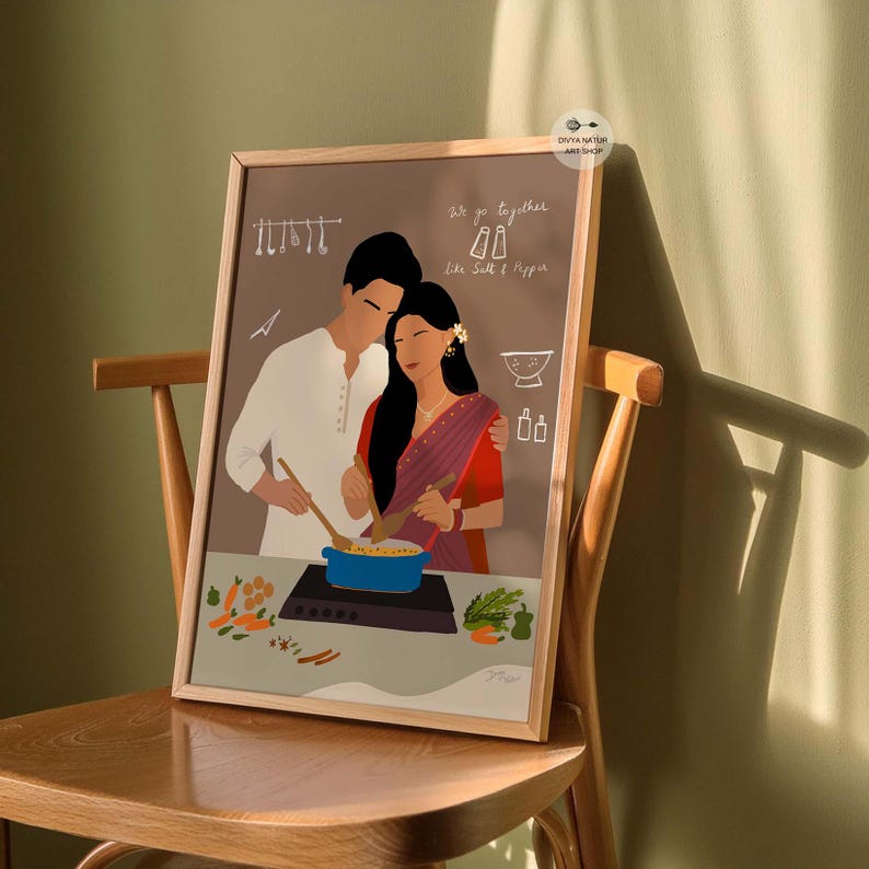 Indian Couple Cooking Art Print: Romantic Kitchen Illustration (digital ...