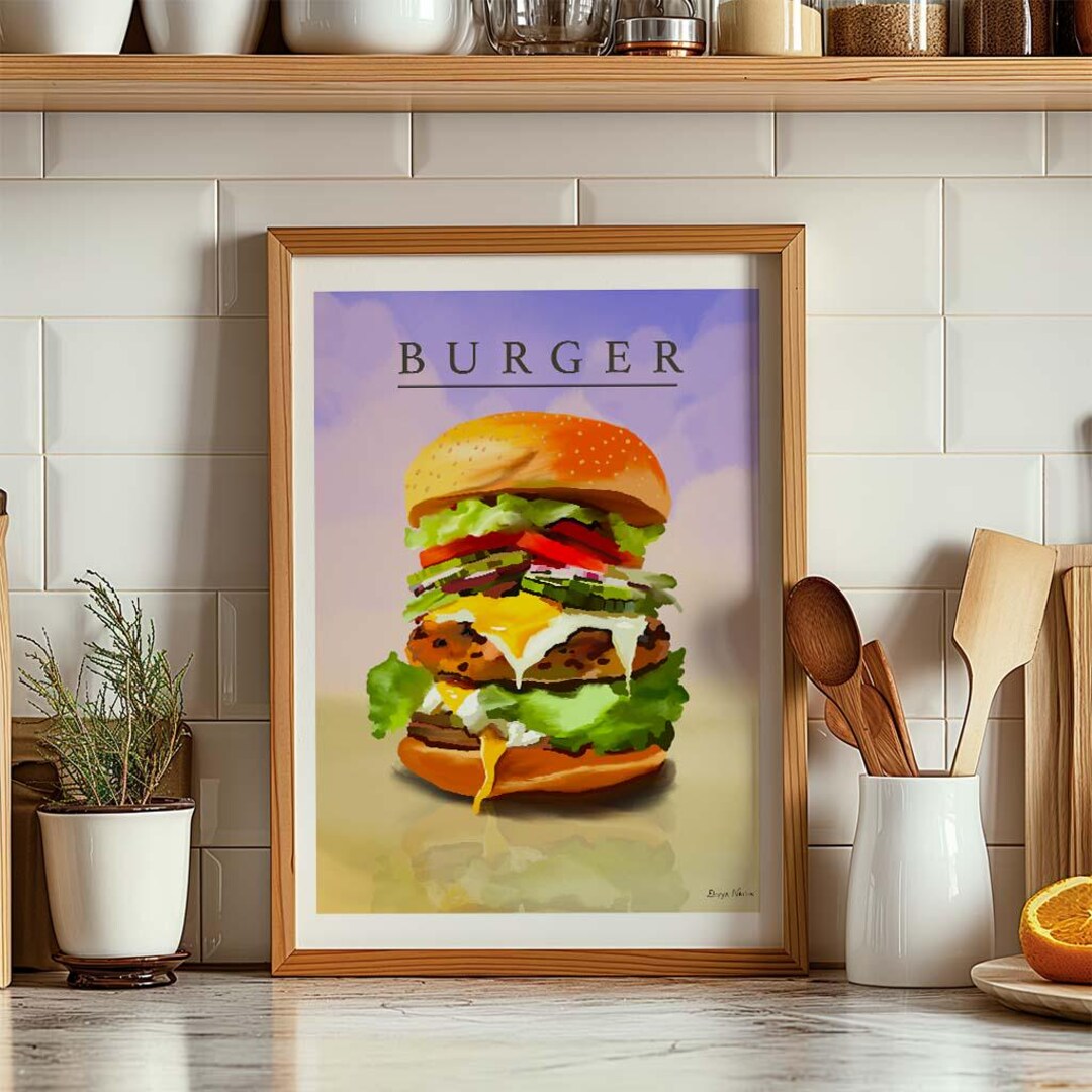 Juicy Burger Painting- Burger Art Print - Kitchen Wall Art, Foodie ...