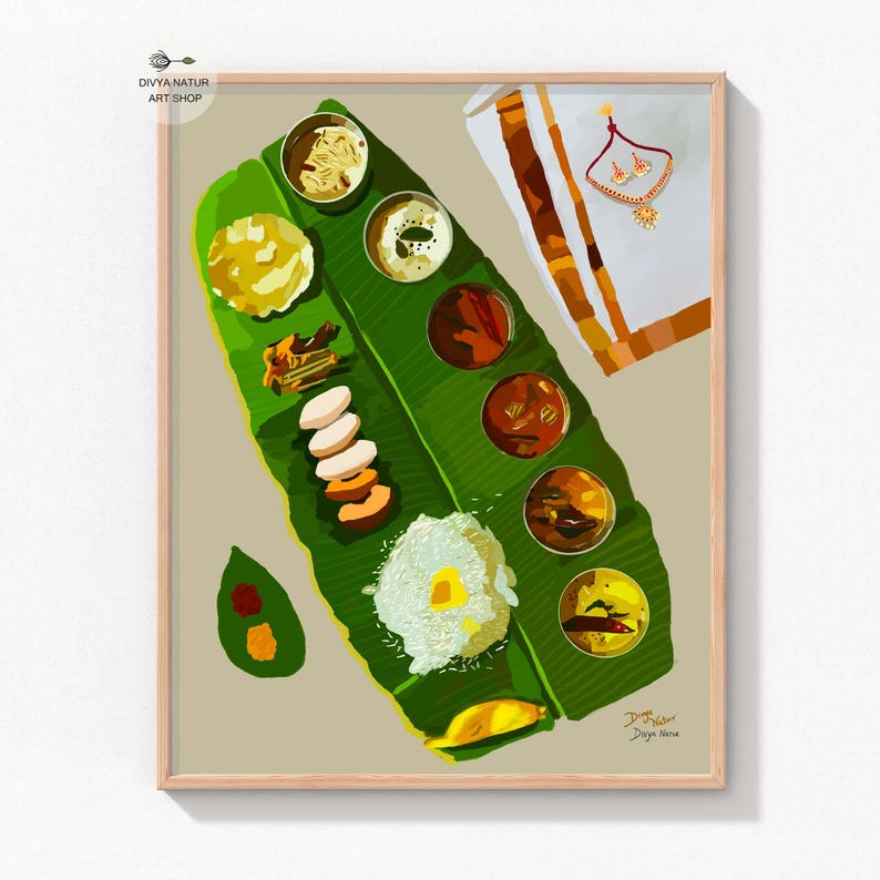 South Indian Food Art Print, Instant Download, Sadhya on Banana Leaf ...