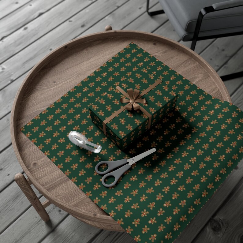 Gingerbread Man Gift Wrap Paper, Christmas Wrapping Paper, Green ...