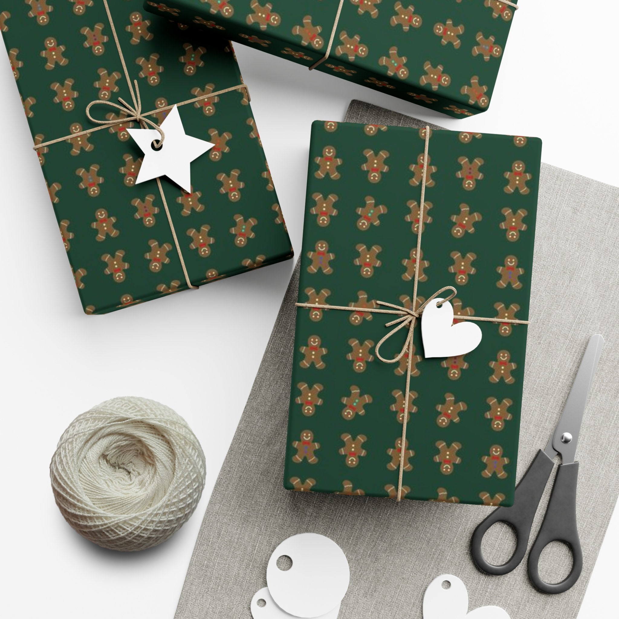 Gingerbread Man Gift Wrap Paper, Christmas Wrapping Paper, Green ...