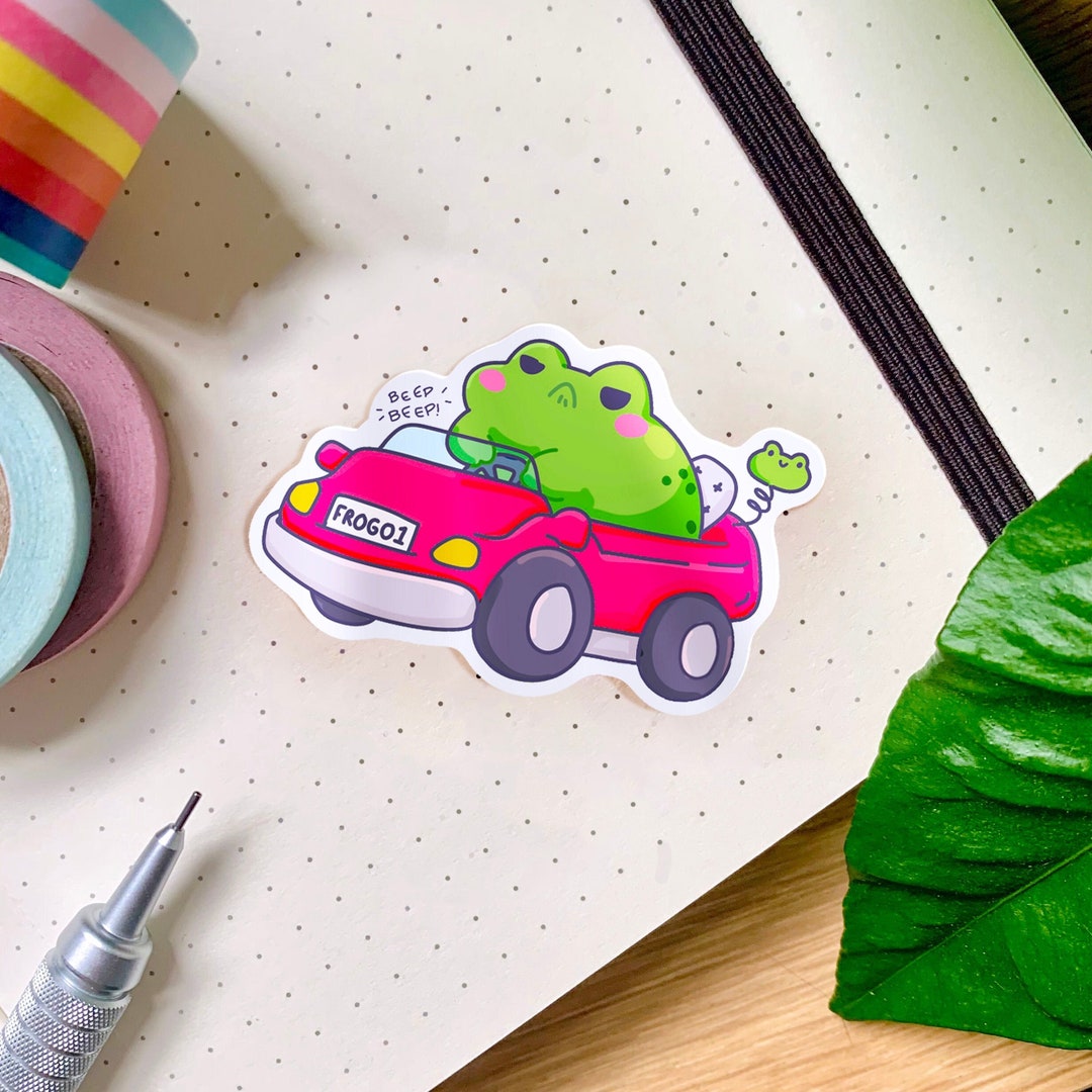 Cute Driving Road Rage Frog Die Cut Sticker Glossy Splashproof Sticker ...
