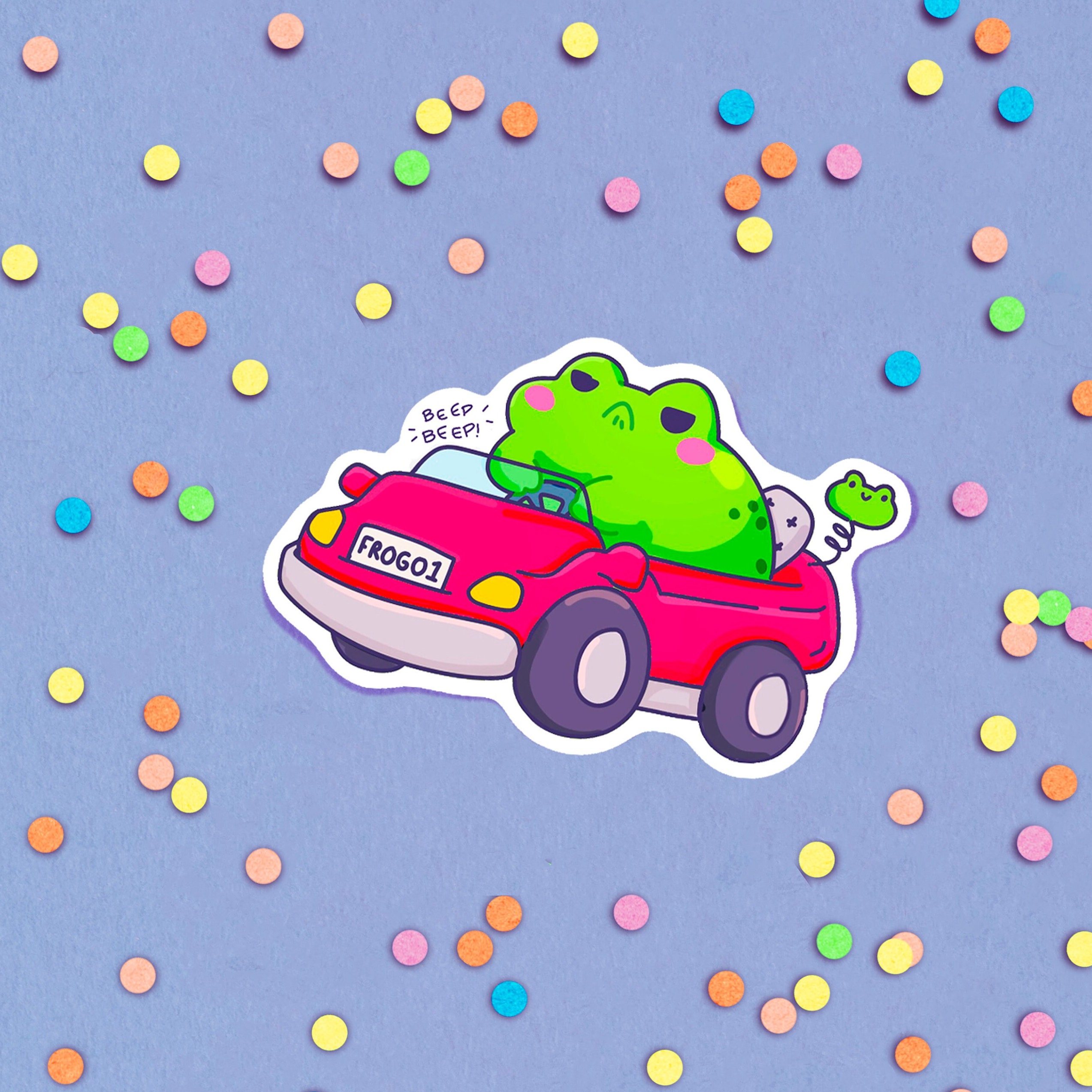 Cute Driving Road Rage Frog Die Cut Sticker Glossy Splashproof Sticker ...