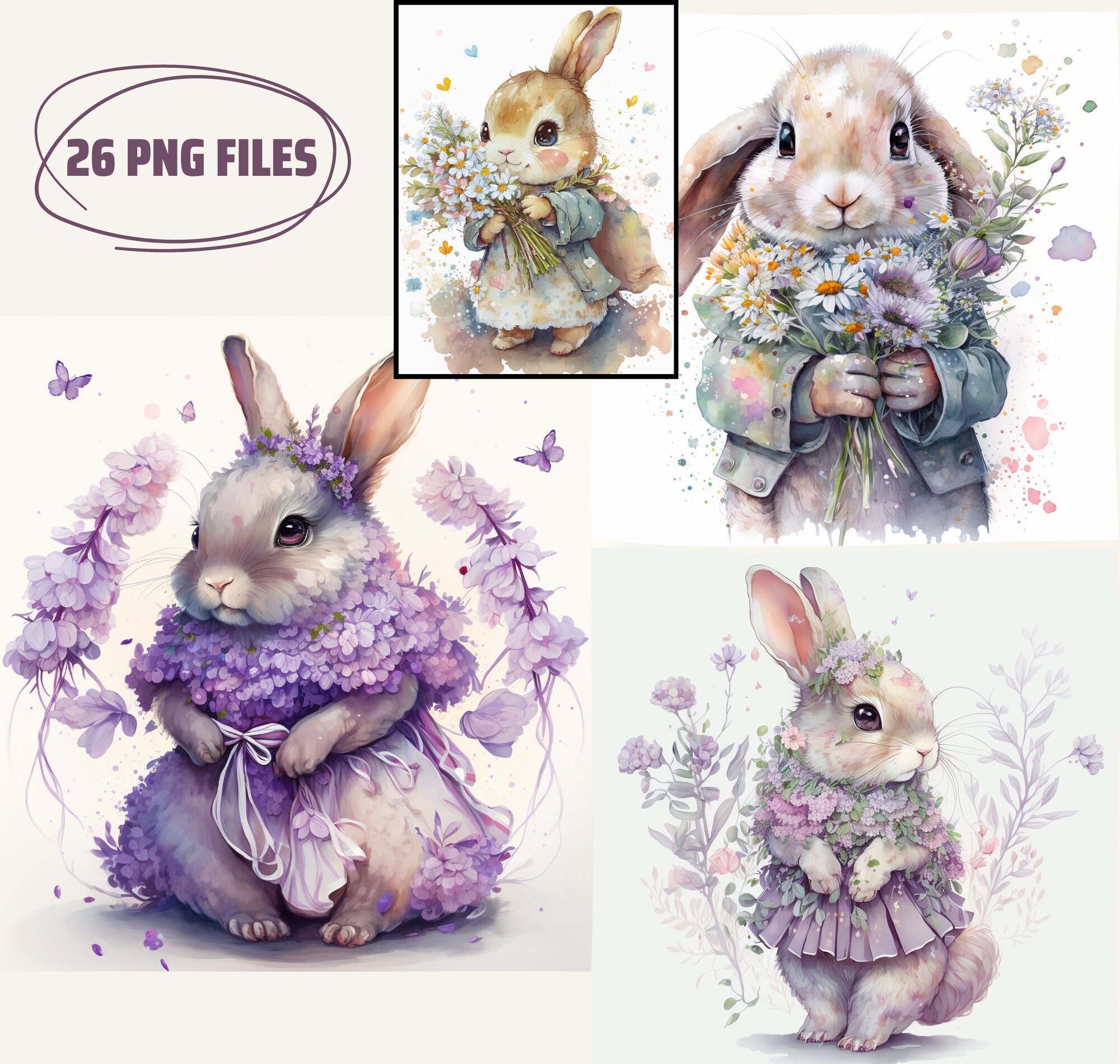 Cute Bunnies With Flowers Clipart Bundle 26 Watercolor Clipart Cute ...
