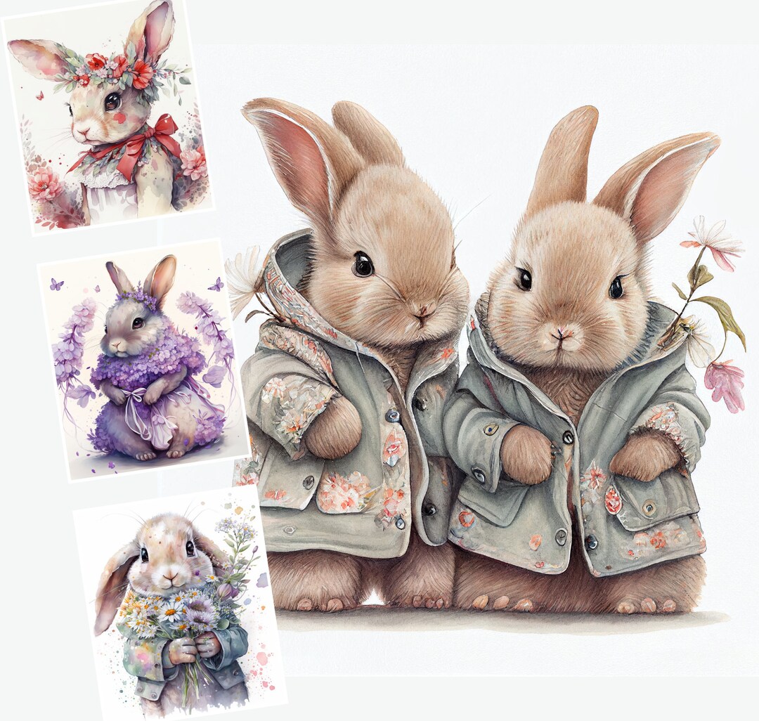Cute Bunnies With Flowers Clipart Bundle 26 Watercolor Clipart Cute ...