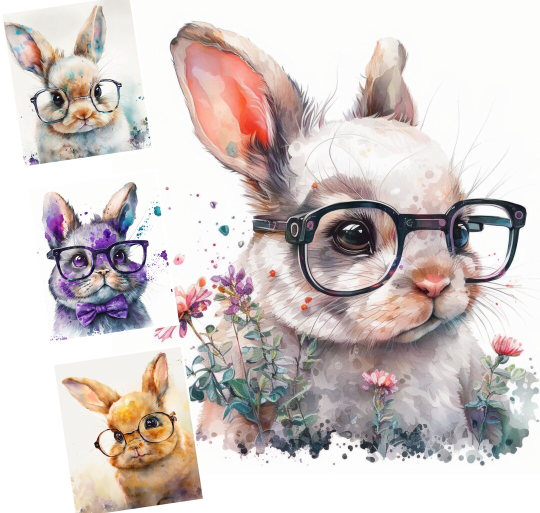 Cute Bunnies in Glasses Clip Art Funny Bunny Design Bundle Rabbit ...