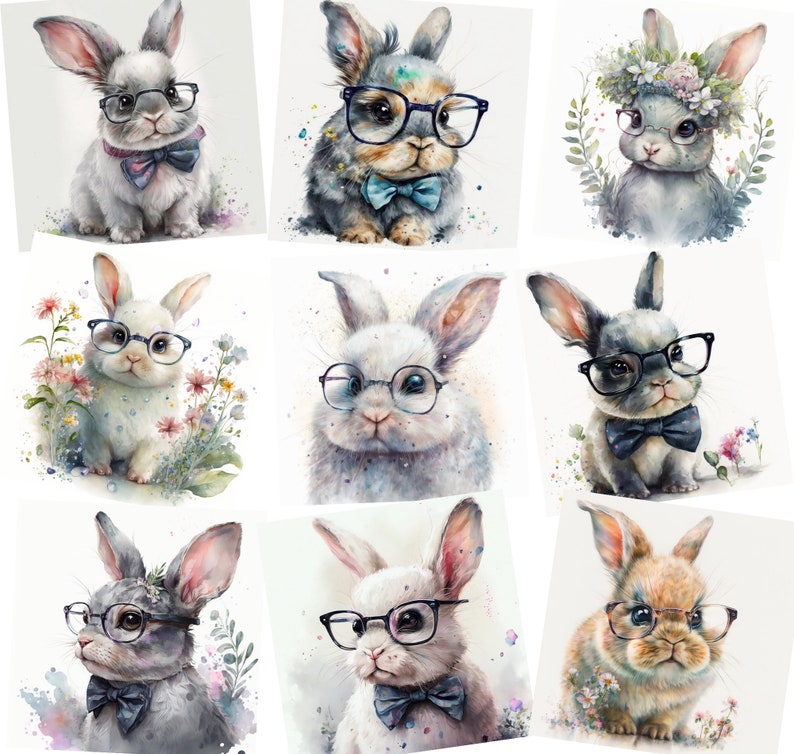 Cute Bunnies in Glasses Clip Art Funny Bunny Design Bundle - Etsy
