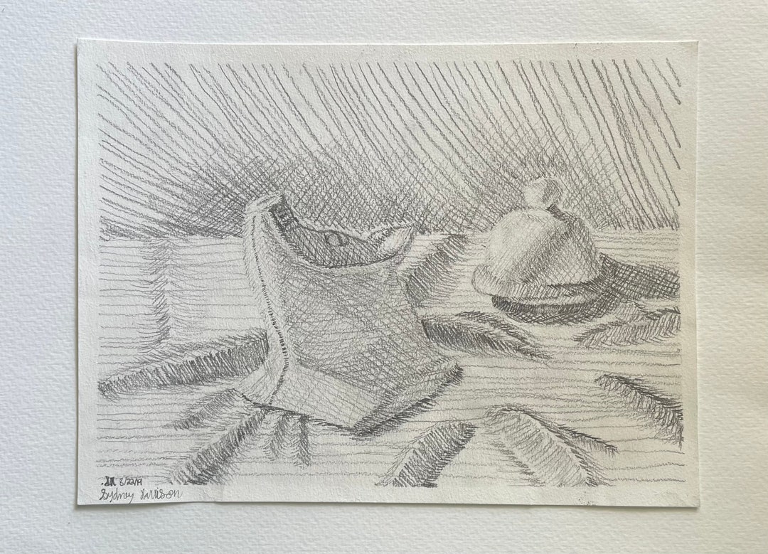 Ceramic Pig and Bell, Original 11x14 Still Life Drawing, Crosshatch ...