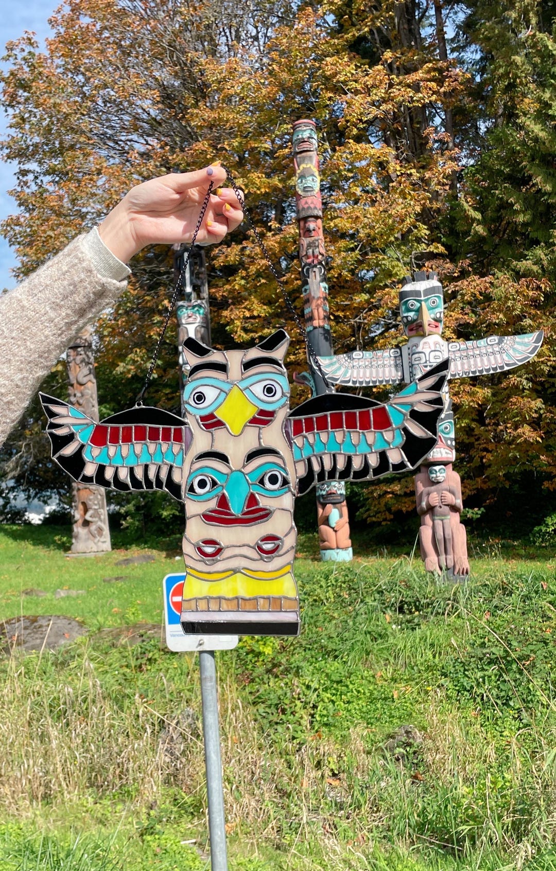 Totem Pole Stained Glass Window Hanging, BC Vancouver Stanley Park ...