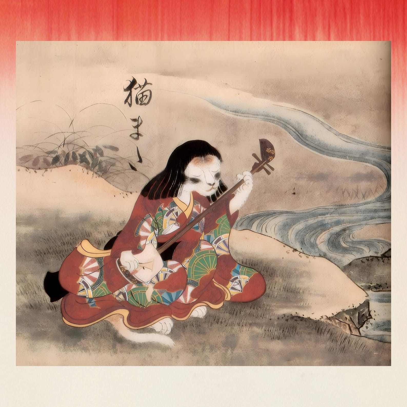 Sawaki Suushi Nekomata Playing a Banjo, Ukiyo-e Digitally Restored Japanese Art Digital Download ...
