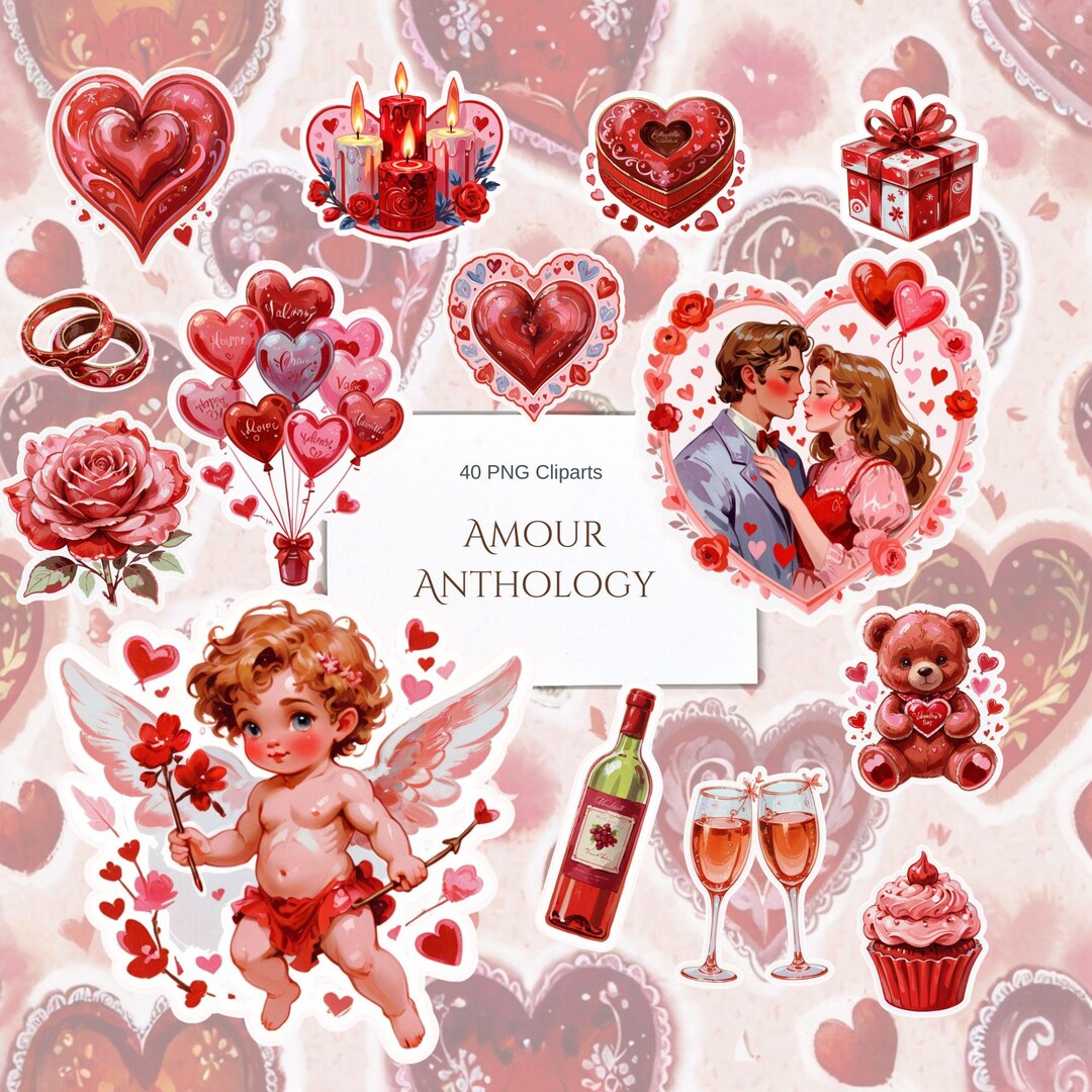 Valentine’s Day Digital Clipart Pack - 40 Romantic PNG Stickers, Cute ...