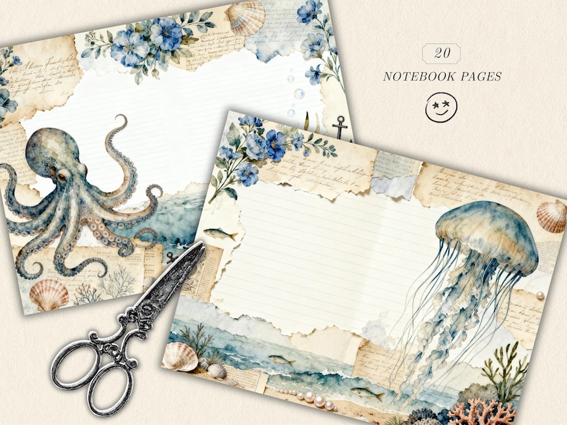 Ocean Junk Journal Pages, Printable Lined Notebook Paper, Vintage ...